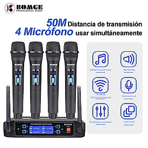 Wireless Microphone System, BOMGE Pro 4-Channel Cordless Mic Set with Four Handheld Mics, Fixed Frequency, Long Range 200ft, Ideal for Church,Karaoke, Events (V410)