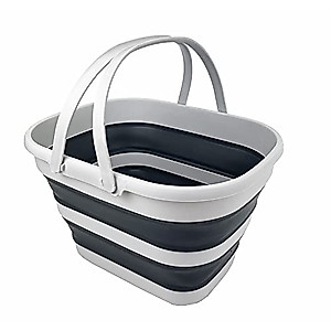 SAMMART 17L (4.5 Gallon) Collapsible Basket with Handle - Portable Outdoor Picnic Basket/Crater - Foldable Shopping Bag - Space Saving Storage Container (Grey/Slate Grey)