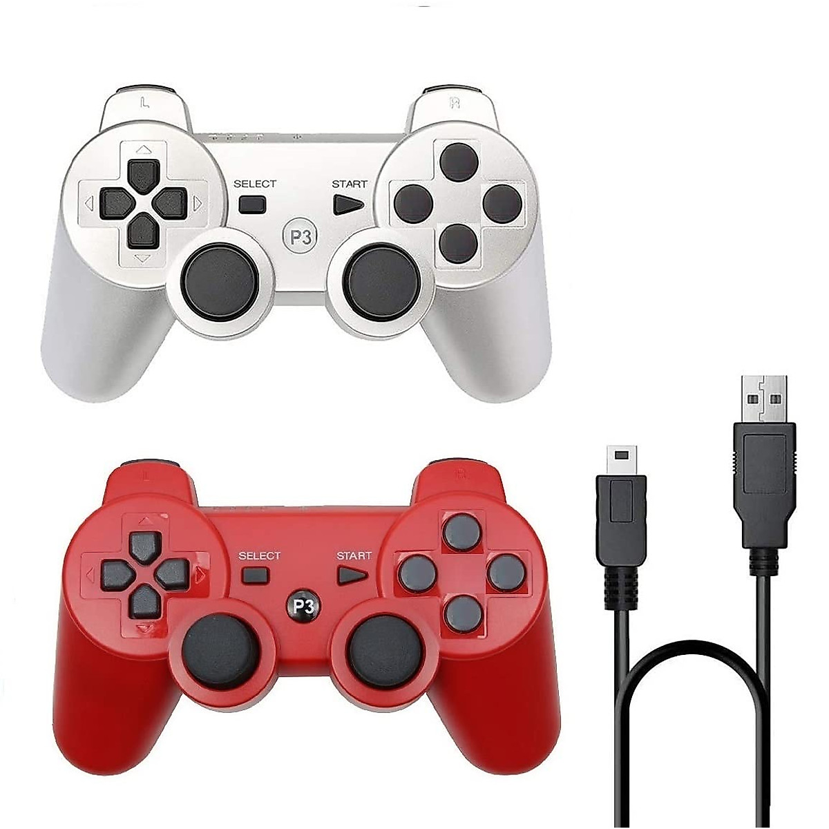 Rzzhgzq 2 Pack PS3 Wireless Controller Playstation 3 Controller Wireless Bluetooth Gamepad with USB Charger Cable for PS3 Console (SILVER+RED)