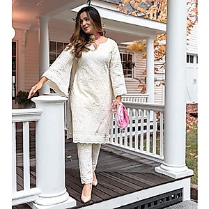 JG JAI GOVINDAM Chikankari Cotton Indian Kurtis for Women Summer Dresses Tunic Top Pant Set Pakistani Salwar Kameez Suit Set White-(X-Large)