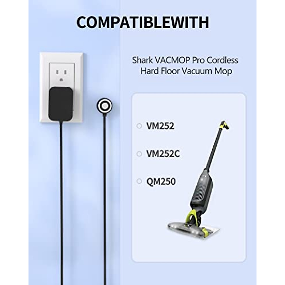 Charger Fit for Shark Cordless Hard Floor Vacuum Mop VM252 VM252C QM250,6.0Ft Extra Long DC Supply Shark VM252 Magnetic Charger