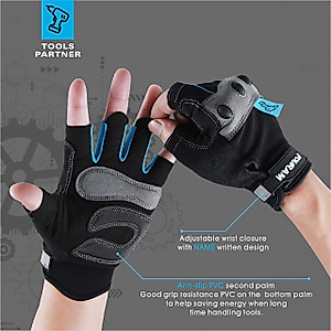 FOUR-AM Work gloves Men Fingerless Mechanic Gloves Shock-Grip, Anti-Collision For Men Women(Blue, Large)