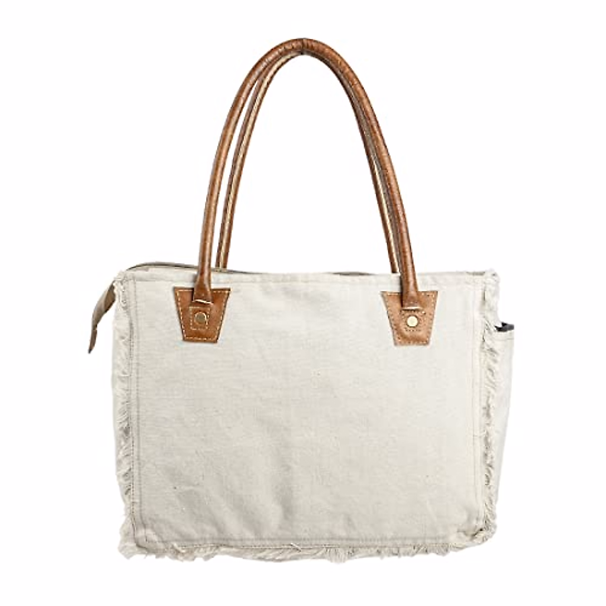 KPL Sel De Mer Upcycled Canvas and leather Hand Bag Cowhide Tote Bag shopping bag carry on leather bag (White)