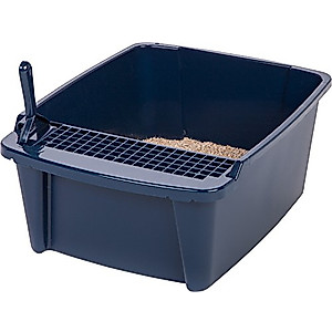 IRIS USA Large Hooded Cat Litter Box with Front Door Flap and Scoop, Enclosed Kitty Litter Tray with Entry Gate for Privacy and Keeping Litter Inside, Navy