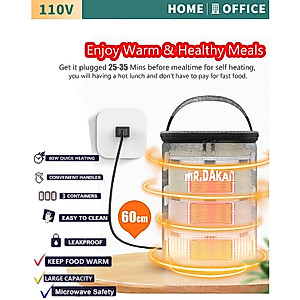 Mr.Dakai Portable Electric Heated Bento Lunch Box for Adults Kids, 71oz Stackable Stainless Steel Hot Food Lunch Box Container, 3-Tier Insulated Bento Box Adult Thermal Lunch Box, Food Warmer Set