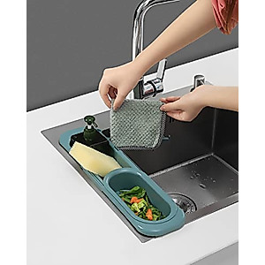 SHANGYI Kitchen Sink Organizer Storage Rack with Expandable Telescopic Holder and Sponge Caddy (grey-green)