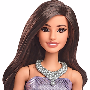 Barbie Fashionistas Doll #234 with Brown Hair, Wearing Sequined Purple Bubble Dress with Satiny Skirt, Silvery Necklace and Heels