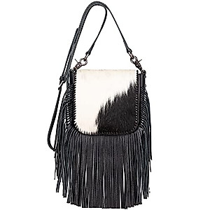 Cowhide Purse Fringe Western Purses for Women Small Crossbody Bags Wallet Leather Shoulder Cross Body Bag Messenger Bag for Women Crossbody Purse Black RLC-L161BK