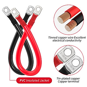 1/0 AWG Gauge Battery Cable 0 Gauge Power Inverter Cables with 3/8 Inch lugs for Solar Marine RV Car Truck Tractor Motorcycle (1FT, 1 red+1 black cable)