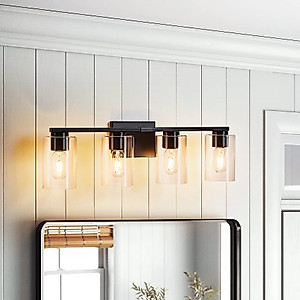 WILON 4 Light Bathroom Light Fixtures, Bathroom Vanity Light with Glass Shade, Bathroom Lights Over Mirror Wall Sconces Lighting for Bathroom Farmhouse Bathroom Light Fixtures, Matte Black Wall Light
