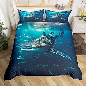 Feelyou Shark Duvet Cover Whale Shark Bedding Set Ocean Marine Theme Comforter Cover for Boys Girls Kids Room Decor Sea Underwater World Bedspread Cover Twin Size with 1 Pillow Case (No Comforter)