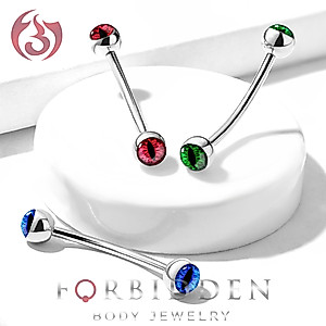 Forbidden Body Jewelry 14mm Surgical Steel Curved Barbell w/Snake Eye Inlaid Ball Ends for Snake Eyes Tongue Piercing, Blue