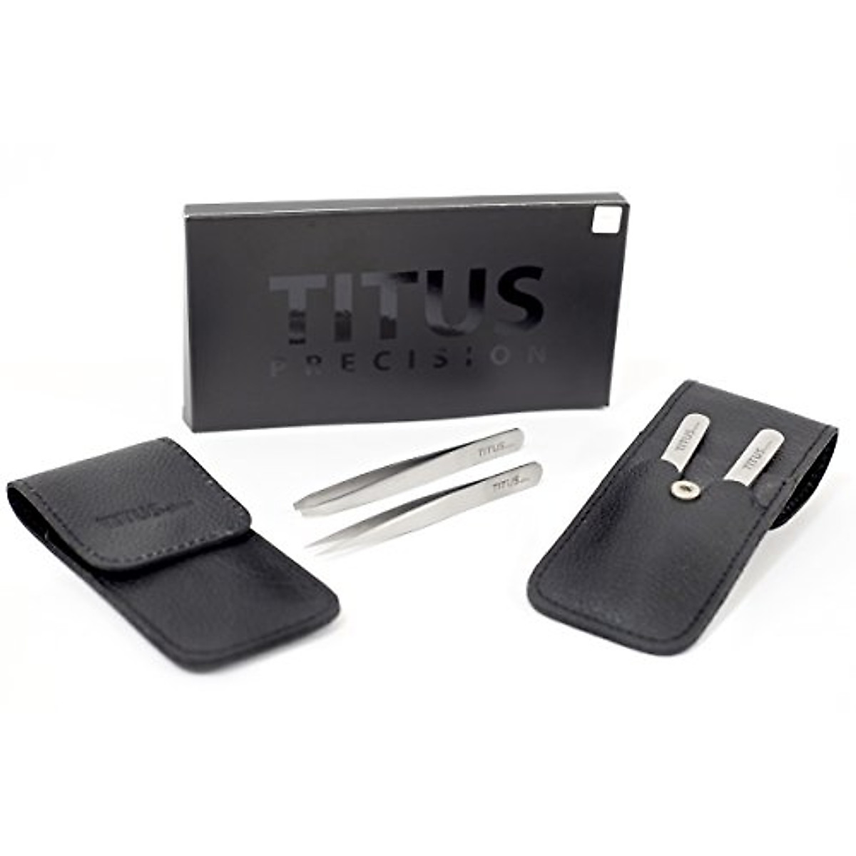 Titus Elite - Luxury Twin Pack - Premium Grade Slant Tip & Splinter Tip Tweezers with Leather Case - Grooming Gift Set for Teens and Adults - Useful Stocking Stuffers Gifts for Men and Women