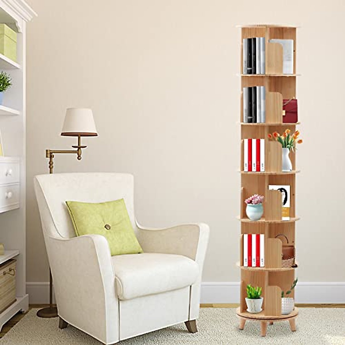 GNJINX Rotating Bookshelf, 6 Tier Solid Wood 360 Display Floor Standing Bookcase Storage Rack, Free Standing Wood Bookcases for Kids&Adults Multi-Functional Bookshelf Organizer(6 Tier)