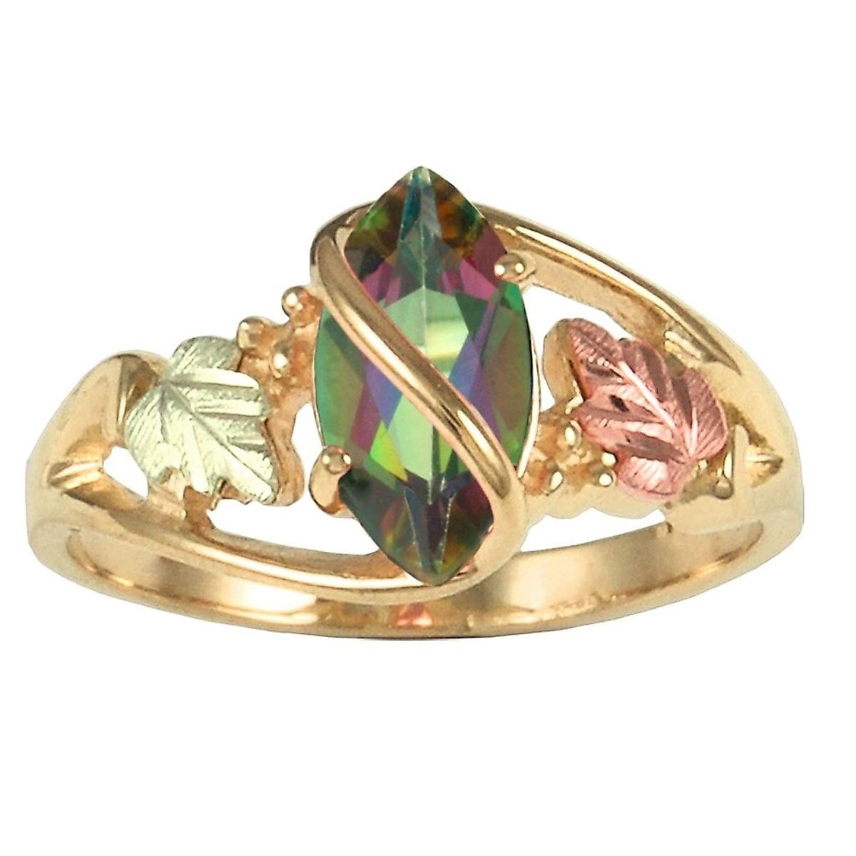 10k Yellow Gold, Marquise Mystic Fire Topaz Wrap Ring, 12k Rose and Green Gold Black Hills Gold, Size 9