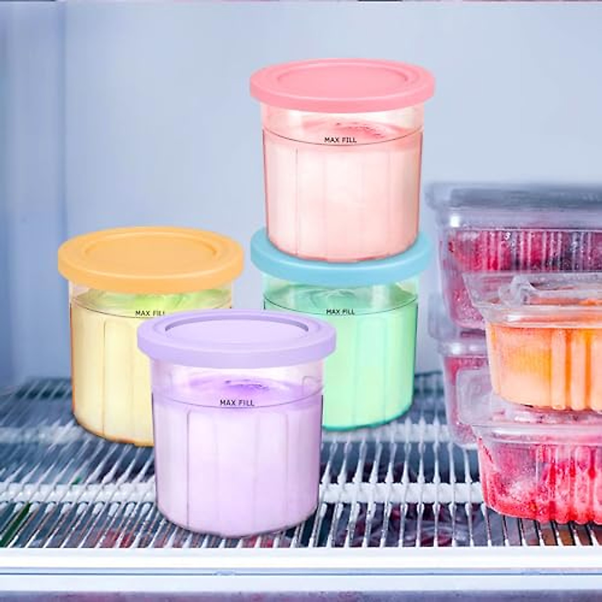 FIRJOY 16 oz. Containers | Extra Replacement Pints and Lids - Compatible with Ninja Creami NC301 NC300 NC299AMZ Series ONLY (4 Pack - Purple, Pink, Green, Yellow)