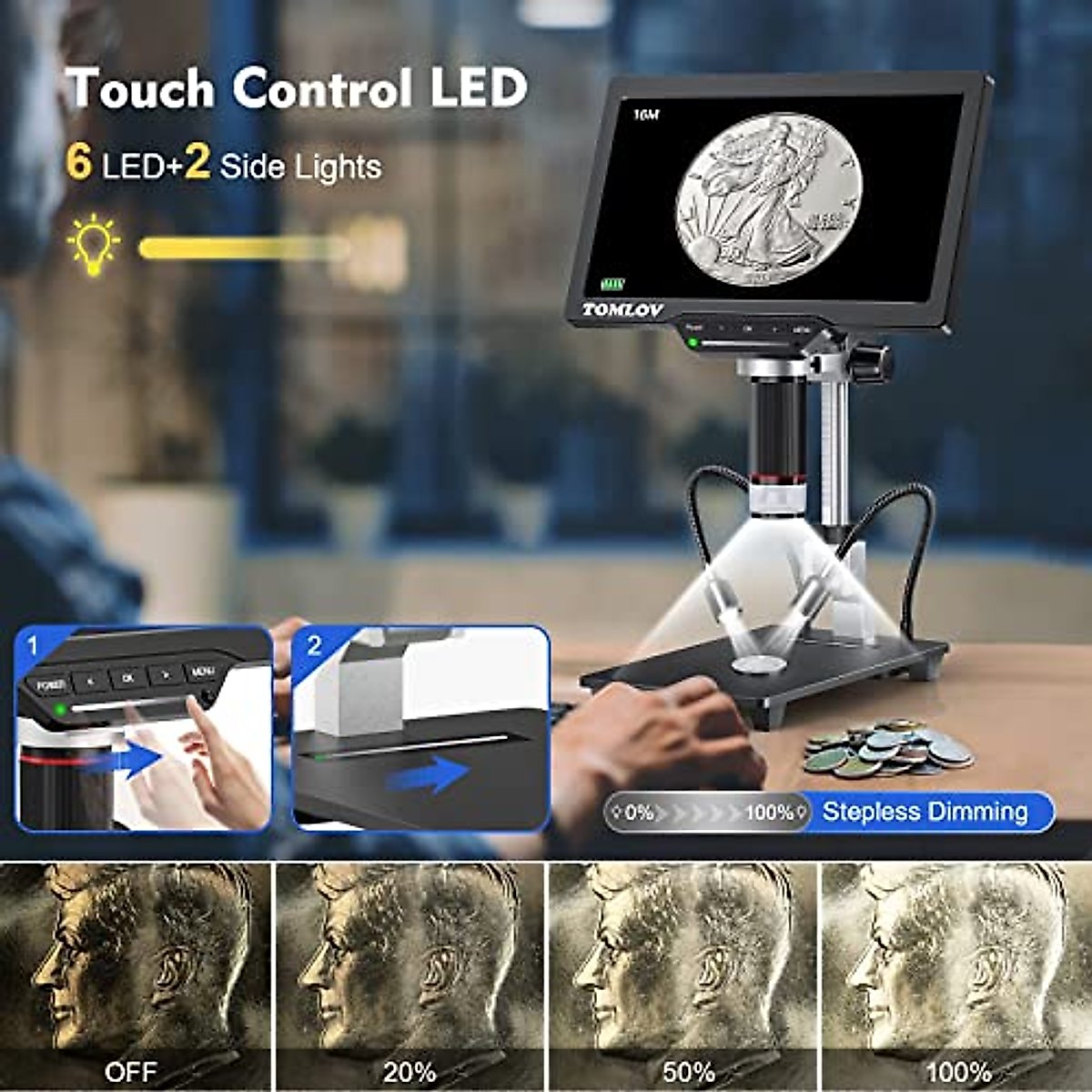 TOMLOV DM202 HDMI Digital Microscope,10.1 Inch LCD Microscope,16MP Coin Microscope Camera with Screen for Adults, Micro Soldering Microscope, TV/Windows/Mac Compatible, 32GB Card Included
