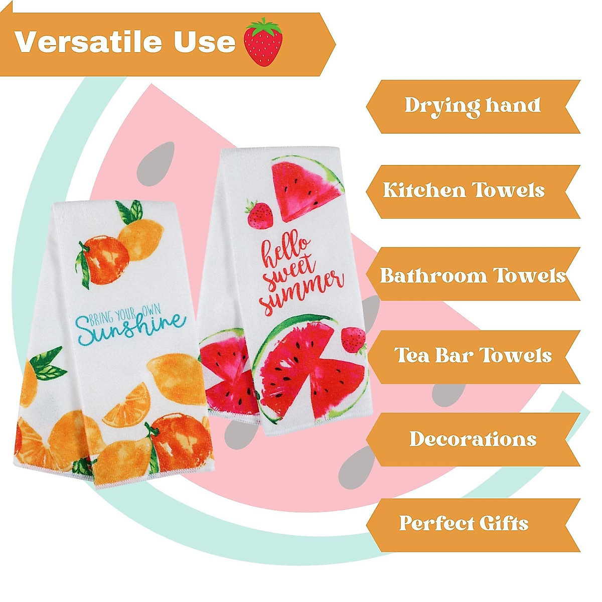 Kitchen Towels Lemon & Watermelon Home Collection 2Pcs Printed Summer Spring Absorbent Tropical Bar Dish Hand Decoration Bathroom Towel 15x25in Drying Soft Feel 100% Polyester Cooking Baking Gifts Set