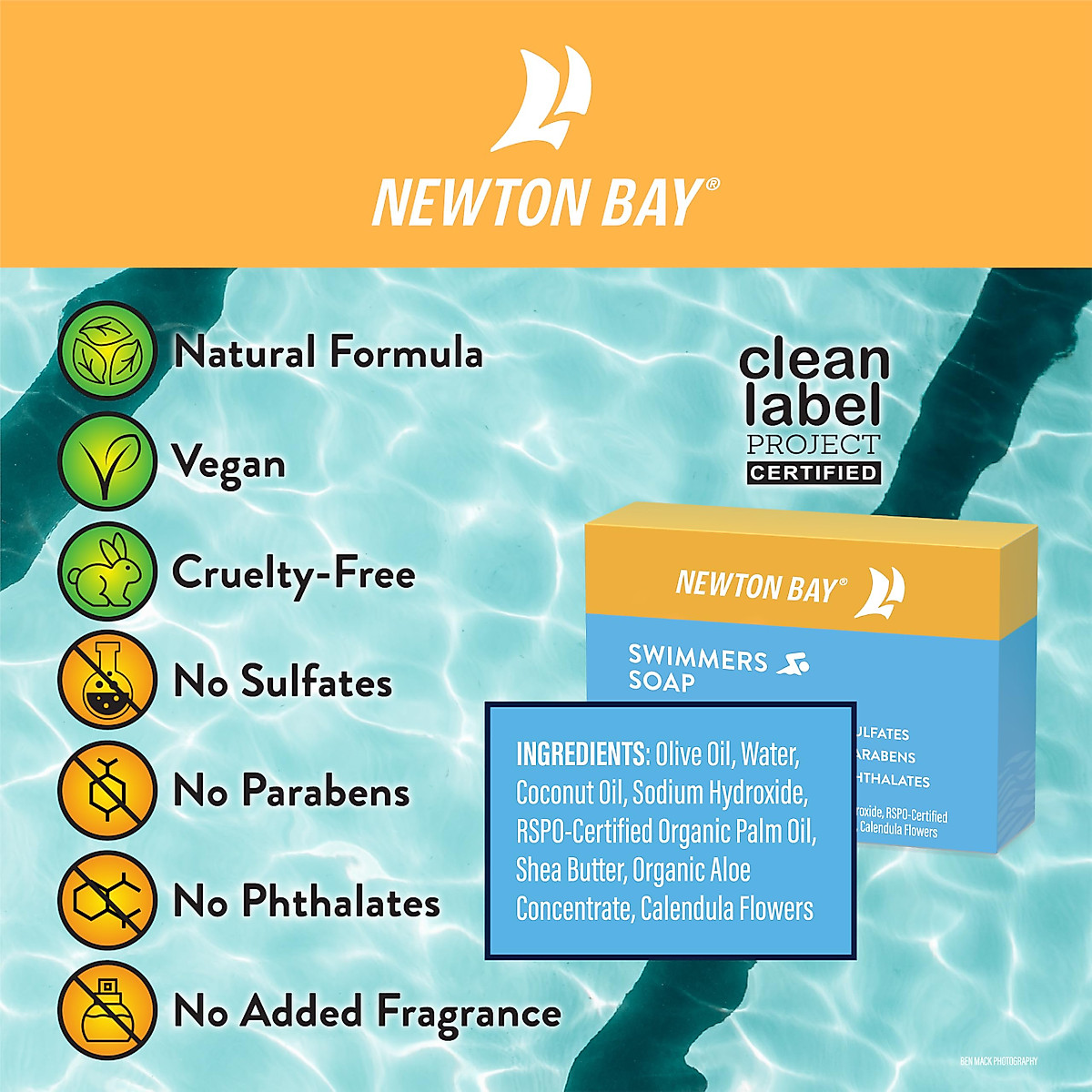 Newton Bay Swimmers Soap | All Natural Body and Face Wash Soap Bar | Gently Washes Away Chlorine After Swimming | Revitalizes Sensitive Skin | 2-Pack of 4 Ounce Soap Bars