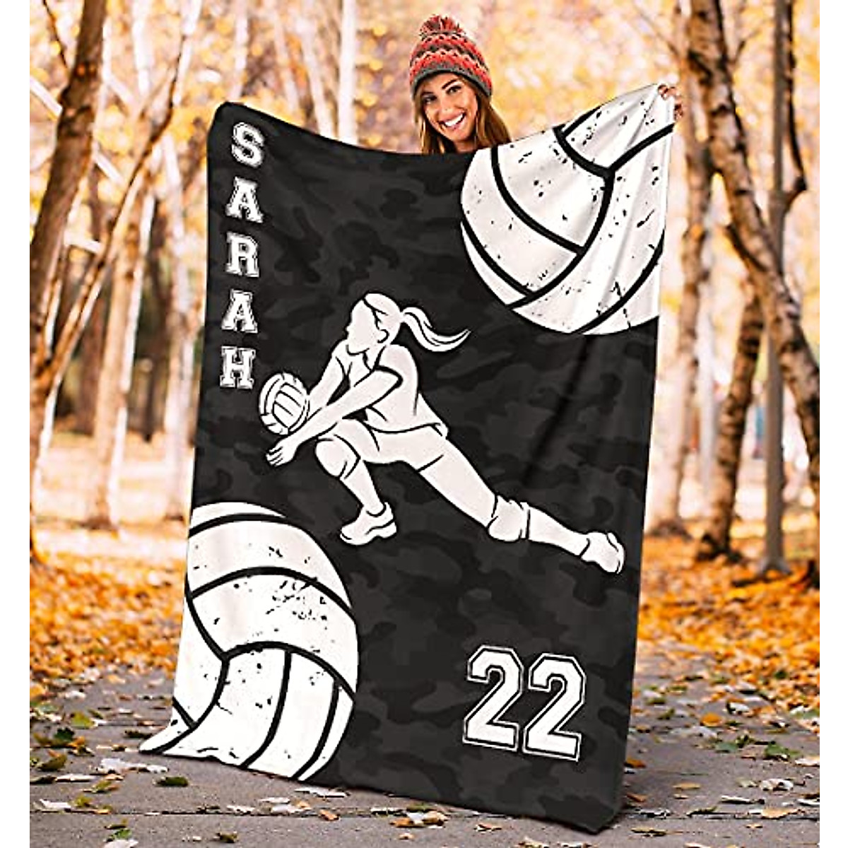 Custom Volleyball Black Camo Libero Volleyball Girl Personalized Name Number Premium Quality Sherpa Fleece Throw Blanket 3D Printed Warm Fluffy Cozy Soft Tv Bed Couch Comfy Microfiber Velvet Plush