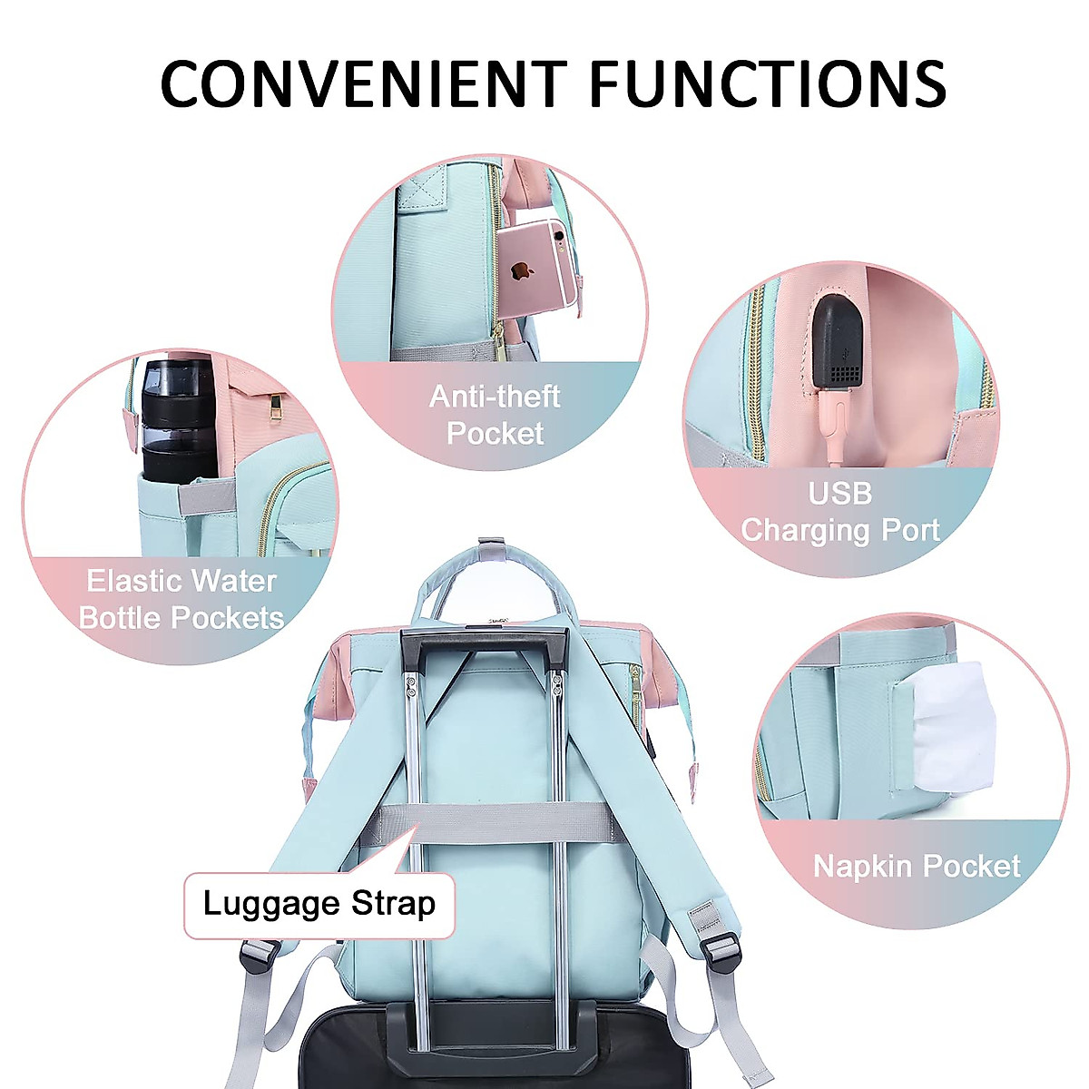 LOVEVOOK Laptop Backpack for Women Fashion Business Computer Backpacks Travel Bags Purse Doctor Nurse Work Backpack with USB Port, Fits 15.6-Inch Laptop Pink-Sky Blue