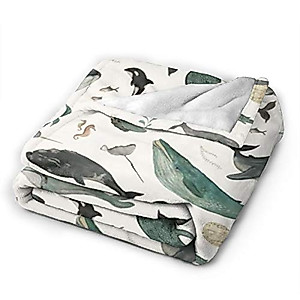 Flannel Plush Novelty Throw Blanket, Whale Song Cartoon Style Underwater Creature Seahorse Dolphin Throw for Fall Party, Air Conditioning Blanket and Large Hypoallergenic 60 x 50 Inch