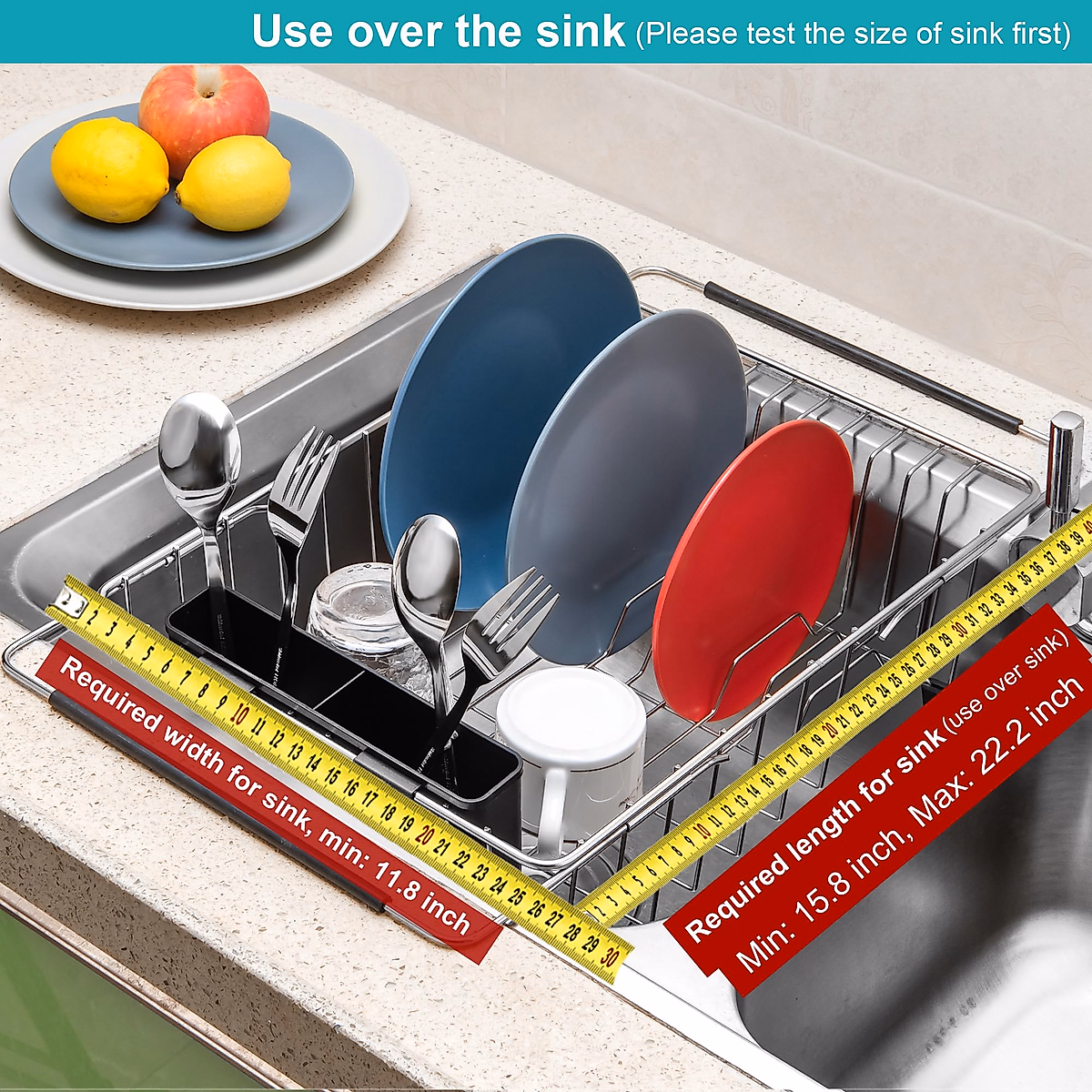 iPEGTOP Expandable Deep & Large Dish Drying Rack, Over The Sink, in Sink Or On Counter Dish Drainer Basket Shelf with Black Removable Utensil Silverware Holder, Rustproof Stainless Steel