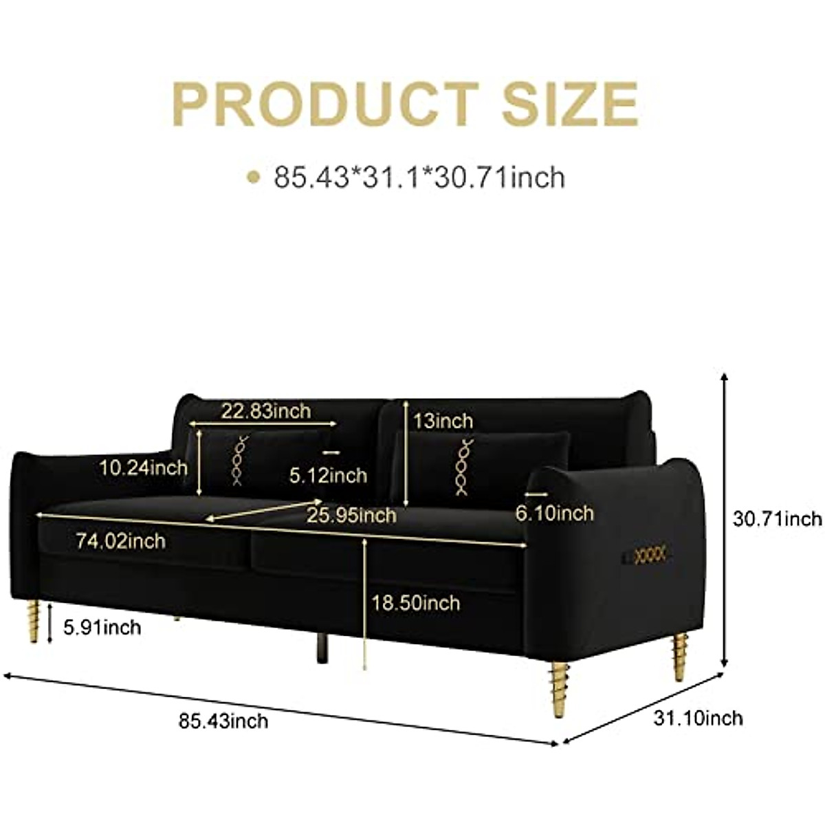 Spaco 85'' Loveseat Sofa Couch,Black Velvet Sofa with Golden Metal Leg and Removable Cushion,Sleeper Sofa Bed with 2 Pillows for Apartment,Living Room (Black)