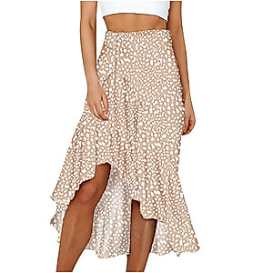 CofeeMO Bravetoshop Womens Boho Floral Print High Waisted Wrap Flowy Midi Skirt Asymmetrical Ruffle Hem Swing A-Line Skirts (Beige,XL)