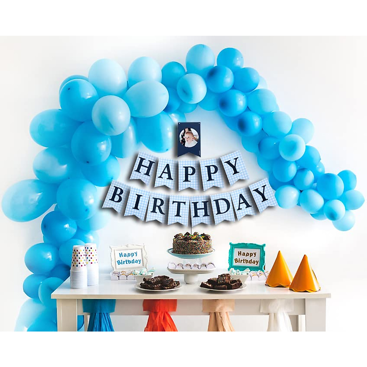 Blue Gingham Happy Birthday Banner, Light Blue and Navy Banner, Checkered Banner