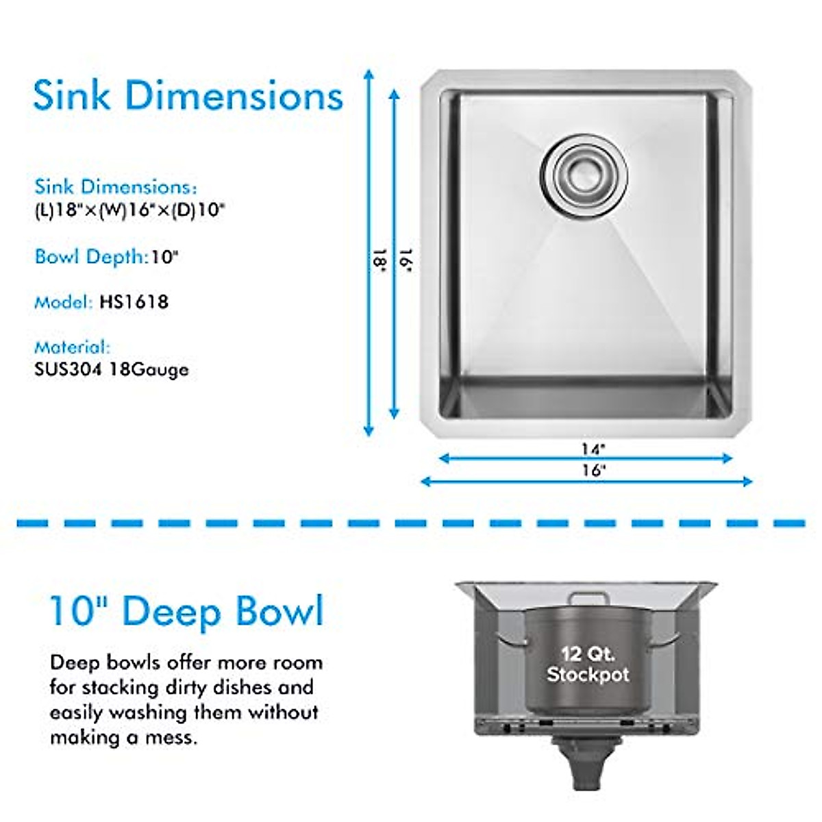VADANIA 16-Inch Bar Prep Sink, 16"x18"x10", Single Bowl, Undermount, 18 Gauge T304 Stainless Steel, Satin Finish, with Strainer & Bottom Grid, cUPC listed