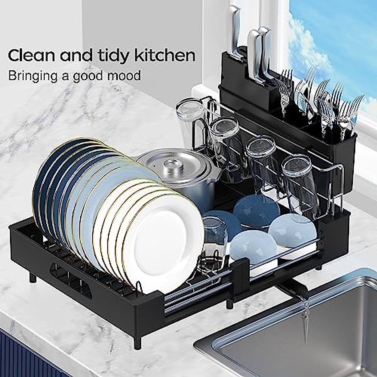 ROTTOGOON Expandable Dish Drying Rack, Stainless Steel Rustproof Dish Rack for Kitchen Counter, (12.8"-19.1") Dish Drainer with Drainage, Utensil Holder, Cup Holder for Various Kitchenware, Black