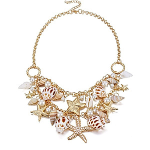 Halawly Shell Necklace Choker Mermaid Tail Necklace - Fashion Sea Shell Starfish Faux Pearl Collar Bib Statement Chunky Necklace Pendant (Necklace)
