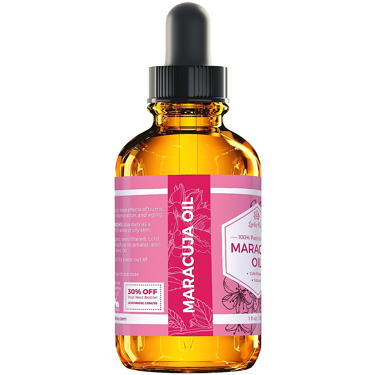 Leven Rose Maracuja Oil, Passion Fruit Seed Oil 100% Natural Moisturizer for Hair Skin and Nails 1 oz