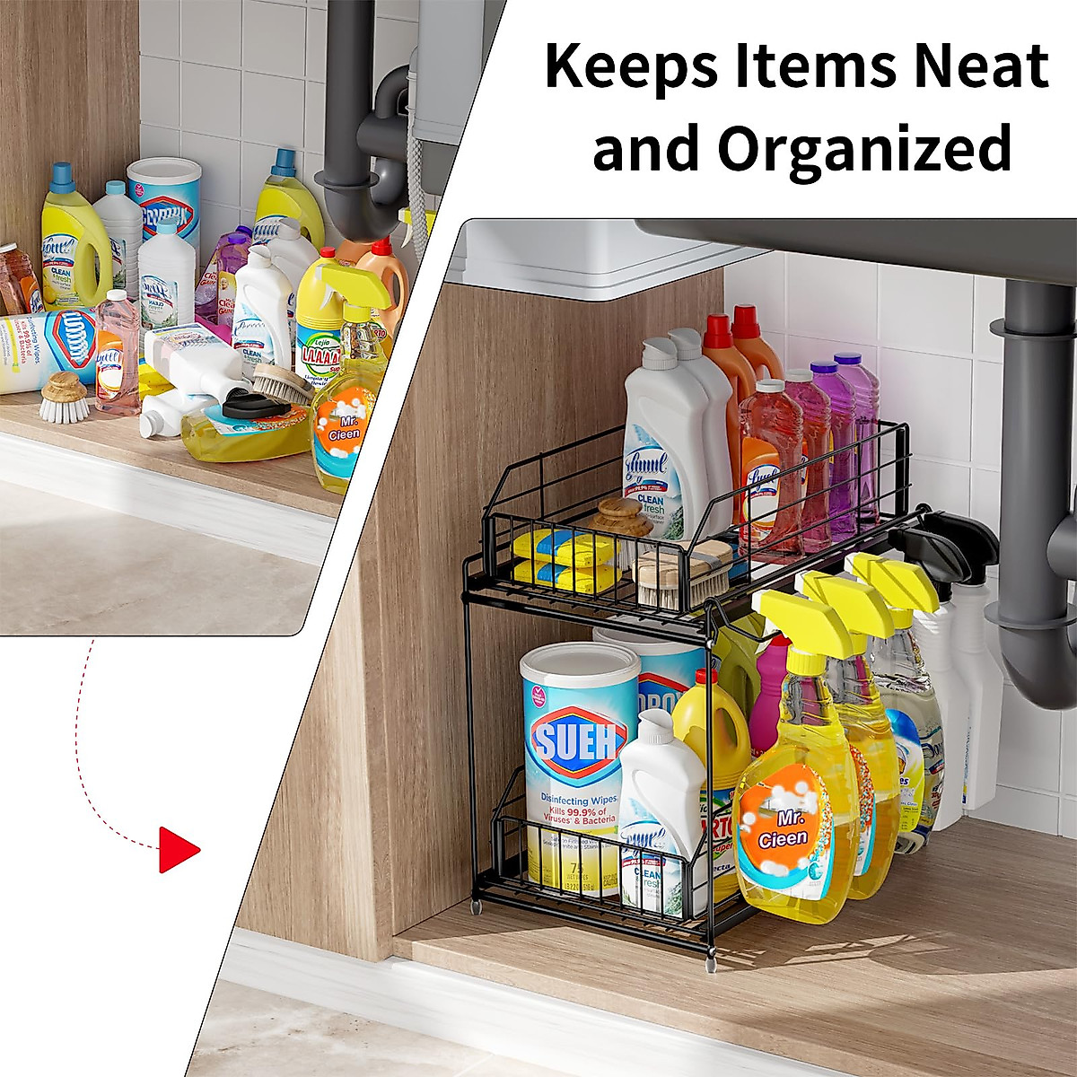 SUEH DESIGN Under Sink Organizers and Storage, Large Capacity Under Cabinet Storage 2 Tier Pull Out Kitchen Cabinet Organizer with Hanging Rail for Bathroom Kitchen Storage Shelf