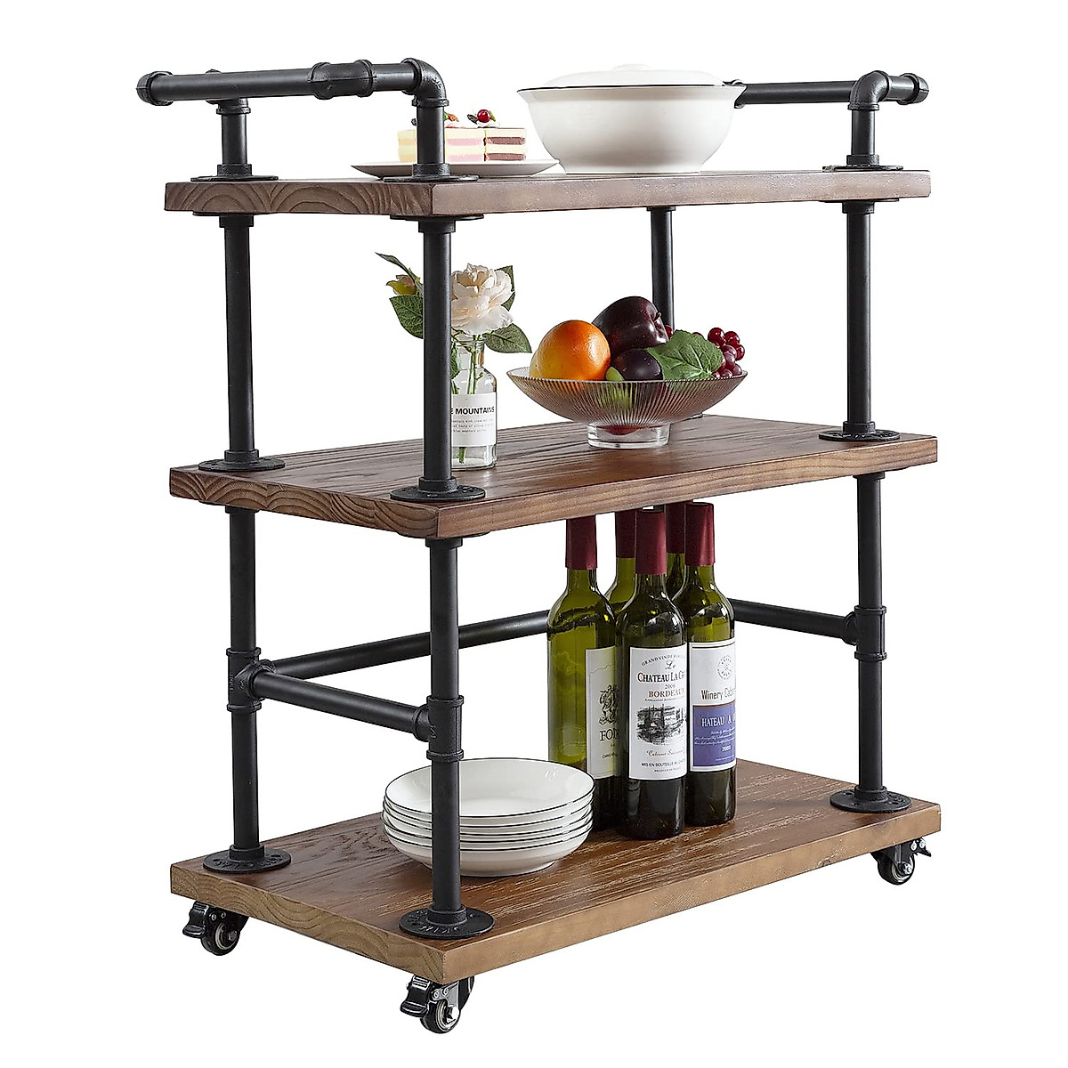 DOFURNILIM Industrial Bar Carts/Serving Carts/Kitchen Carts/Wine Rack Carts on Wheels with Storage - Industrial Rolling Carts - Wine Tea Liquor Shelves/Holder - Solid Wood and Metal Home Furniture