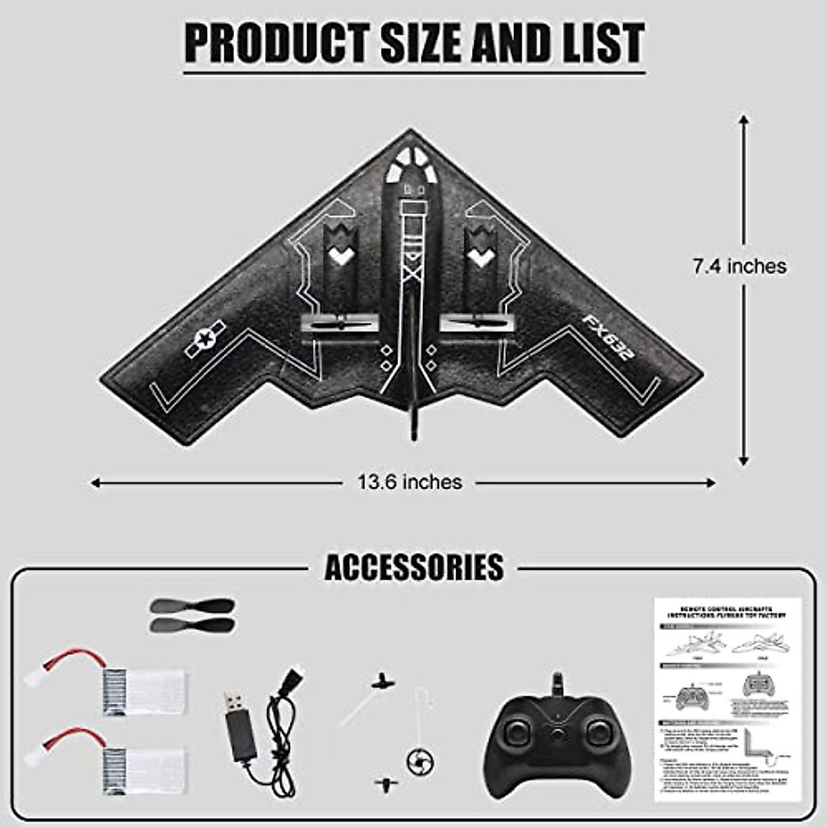 fisca RC Airplane Remote Control B-2 Spirit Stealth Bomber Plane, 2.4Ghz 2CH Foam Drone Ready to Fly Aircraft Toy for Kids and Adults