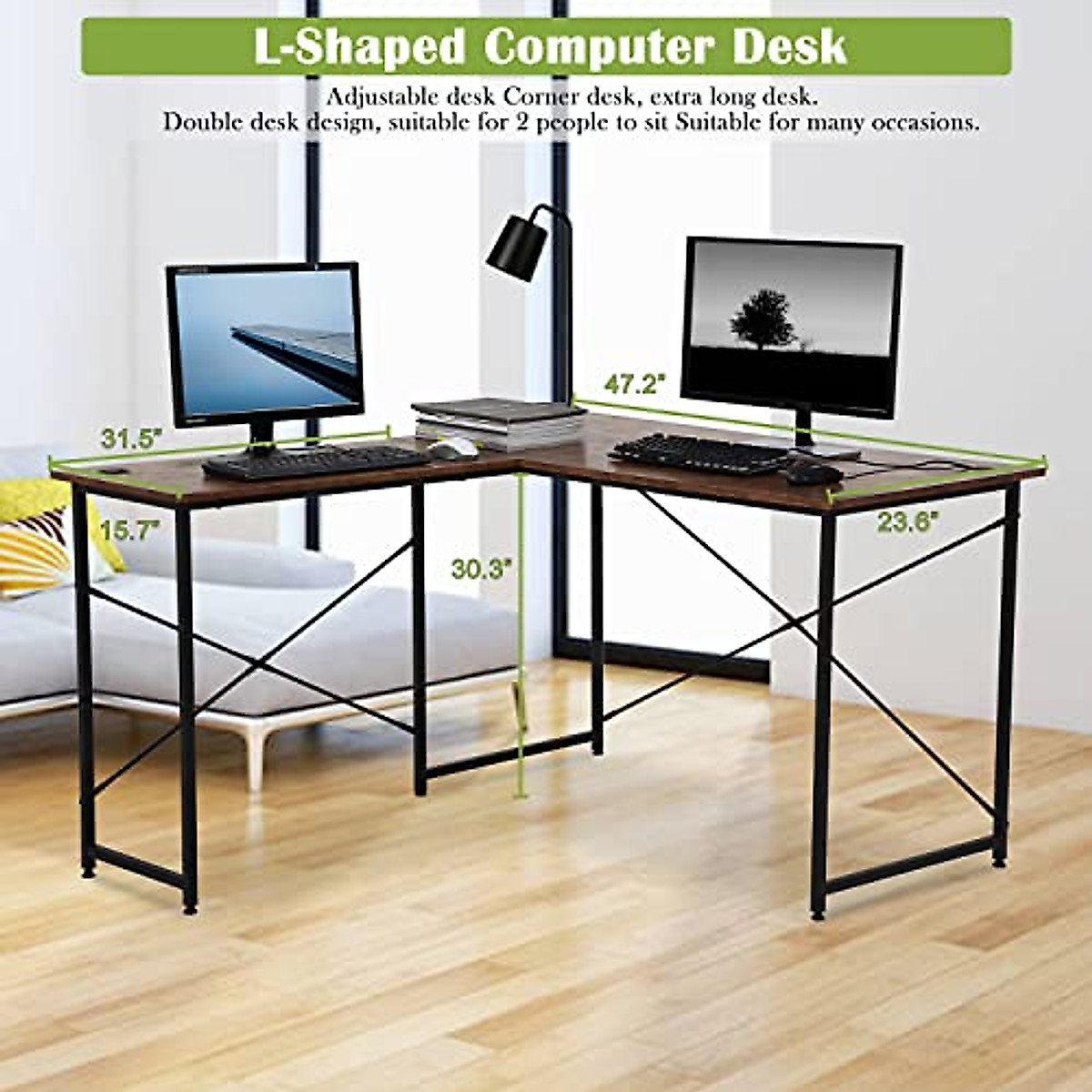 Lucky Shop L-Shaped Desk 47" Corner Computer Desk, Gaming Table with Sturdy X Leg, Adjustable Wood PC Desk, Modern Ergonomic Racing Style Study Desk Workstation, Space-Saving for Home Office, Brown