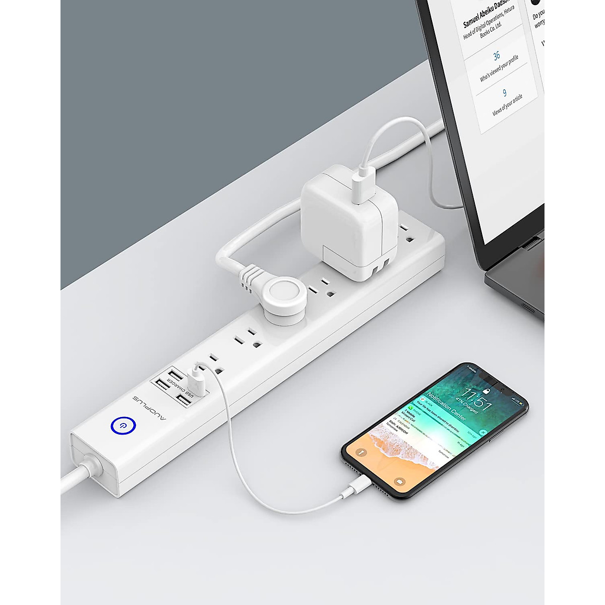 2 Pack Power Strip Surge Protector Flat Plug - 6 Widely Spaced Outlets 4 USB Charging Ports, 2100J/10A with 6Ft Long Extension Cord, Overload Surge Protection, Wall Mount for Home Office