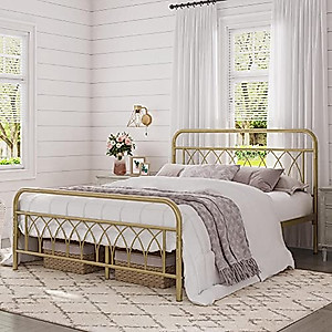 Yaheetech Full Bed Frame Metal Platform Bed with Petal Accented Headboard/Footboard/14.4 Inch Under Bed Storage/No Box Spring Needed,Antique Gold