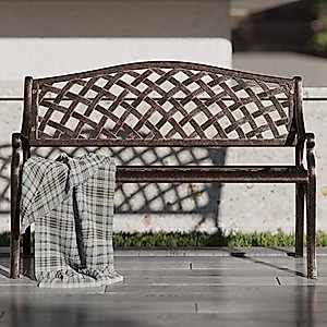 BELLEZE Patio Outdoor Garden Bench, 40 inch Cast Aluminum Loveseat Chairs with Armrests for Park, Yard, Porch, Lawn, Balcony, Backyard, Antique Seat Furniture, Bronze