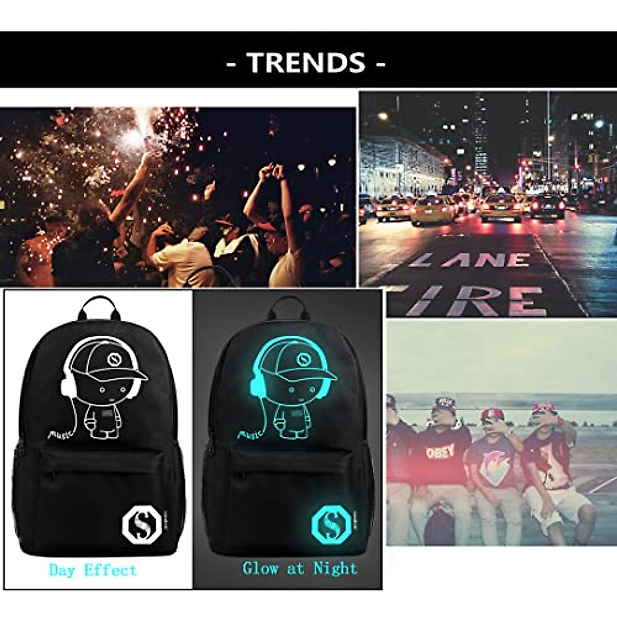 Lmeison Boys Backpack for School, Anime Cartoon Luminous Backpack with Lunch Box Pencil Case, Waterproof School Bookbag for Teen Girls, Laptop Backpack for Middle School High School, College, Black