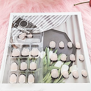Square Press on Nails Short Cute White and Black French Tip Nails Acrylic False Nails with White and Black Edge Designs Artificial Fake Nails Reusable Glue on Nails for Women and Girls