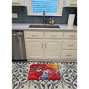 Caroline's Treasures 6048RUG Big Red Cat at the fishbowl Machine Washable Memory Foam Mat, Bathroom Rug, Non-Slip Bath Mat, Durable Thick Washable Rugs for Kitchen, Bathroom Quick Dry, Decorative Artw