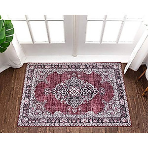 Well Woven Mareva Machine Washable Burgundy Red Vintage Oriental Medallion Area Rug 2x4 (2'6" x 3'9")