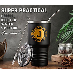 the Man the Myth the Legend Mug with Initials, Monogrammed Stainless Steel Travel Tumbler for Men, Funny Personalized Coffee Cup, Custom Beer Glass, Unique Birthday Christmas Gifts for Him, 30 oz, K