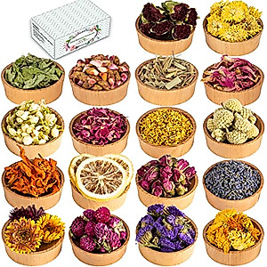 Dried Flowers, 18 Pack Natural Dried Flower Herbs Kit for Bath, Bomb, Soap, Resin, Candle Making, Include Rose Petals, Rosebuds, Lavender, Jasmine Flowers, Lily, Lemon Slice and More