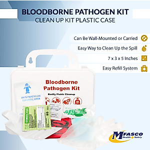 MFASCO Blood Borne Pathogens Clean Up Kit - Wall-Mountable or Portable - OSHA Compliant - Disposable Protection Gear - Bleach-Free Solidifier - Easy Cleanup - Compact Design - Refillable - 9 Pcs