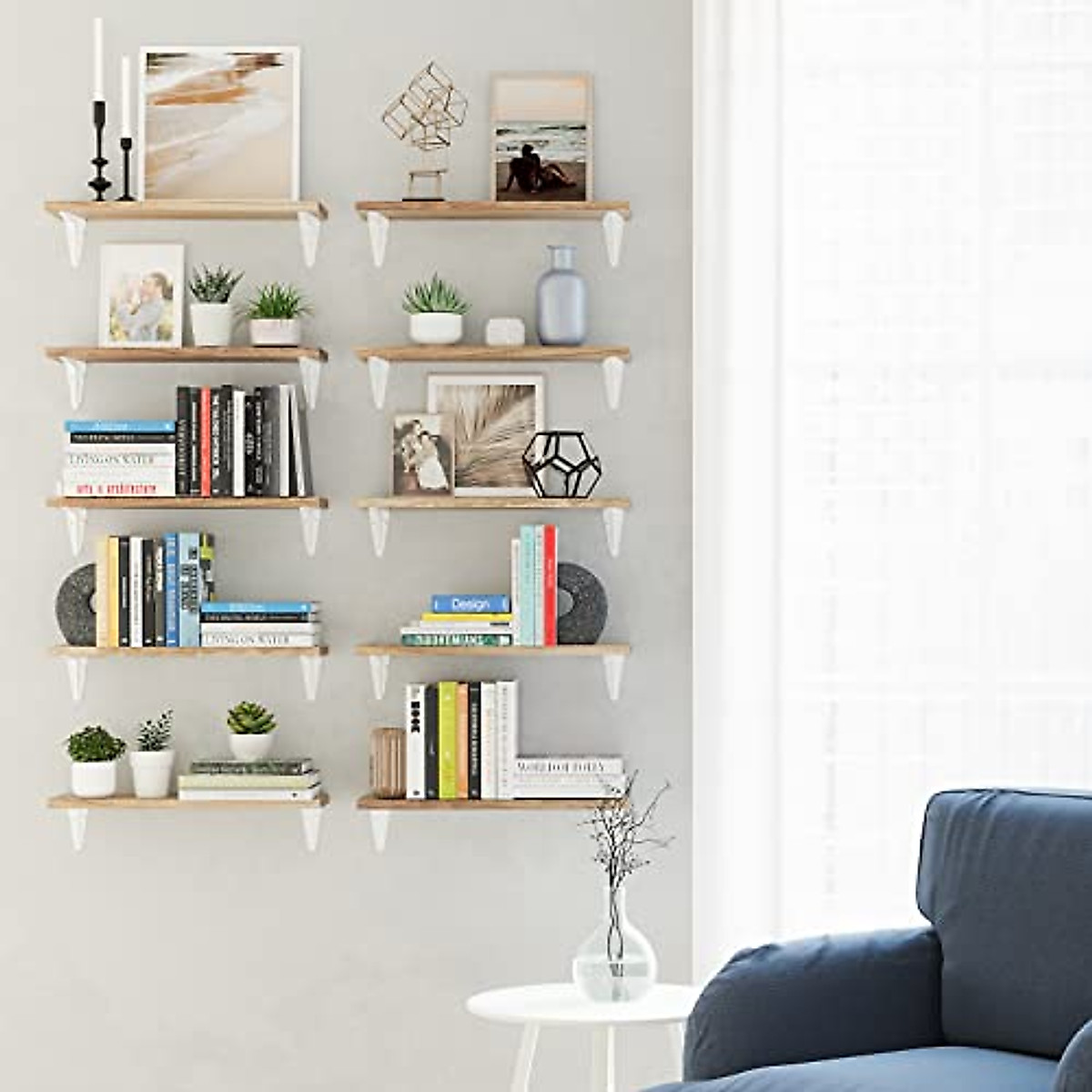 Wallniture Arras 17"x4.5" Wall Bookshelves Floating Shelves for Wall Storage,Wall Shelf for Living Room, Kitchen Organizer, Office, Burnt Finish White Bracket Set of 10