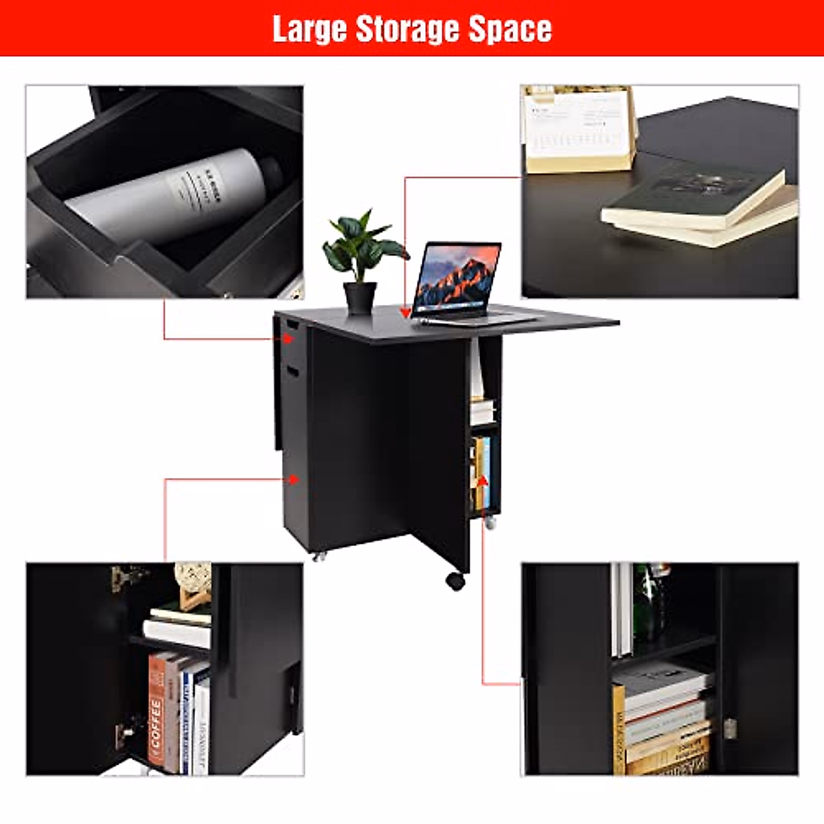 AKVOMBI Folding Dining Table with Storage, Drop Leaf Tables for Small Spaces with Wheels, Space Saving Kitchen Dining Table for Kitchen & Dining Room, Black